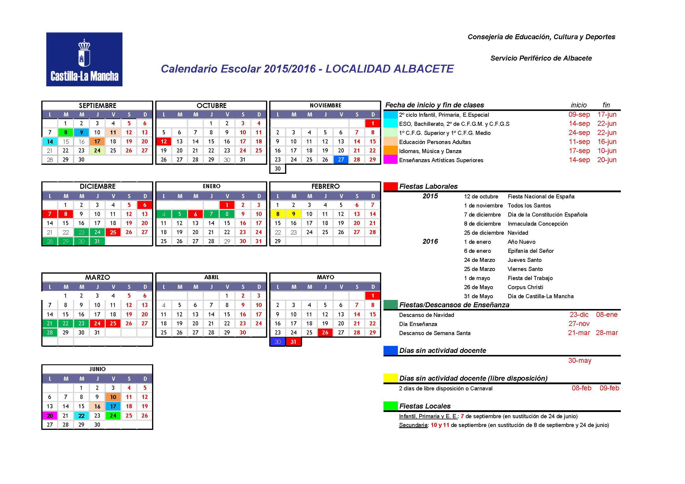 CALENDARIO ESCOLAR 2015/2016 ALBACETE - PAPELERIA COMPLUTENSE